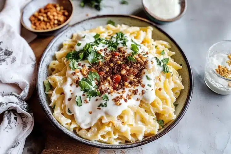 Arabic Pasta with Easy Yogurt Sauce - EpicureanNest