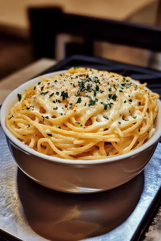 Cheesy Garlic Parmesan Spaghetti with Cream Cheese - EpicureanNest