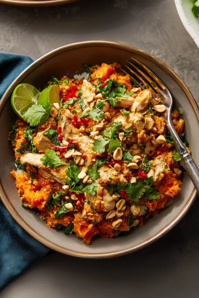 Thai Peanut Chicken Sweet Potato Rice Bowl - EpicureanNest