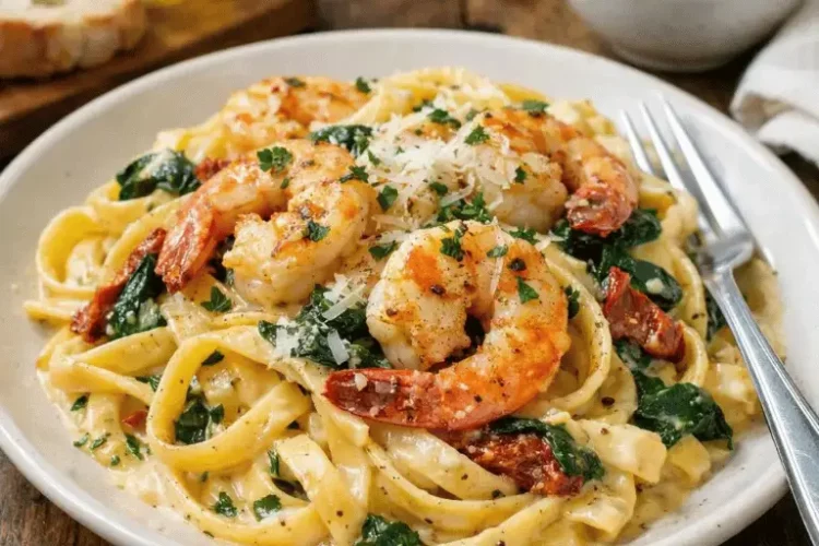 Creamy Garlic Butter Tuscan Shrimp Pasta - EpicureanNest